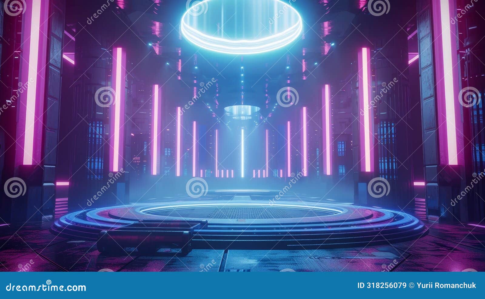 Futuristic Cyberpunk Stage With Urban Backdrop, Circular Platform And ...