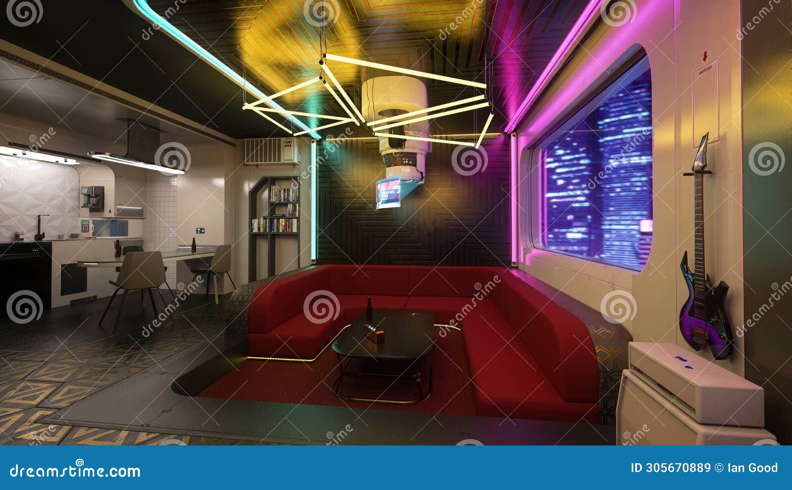 Futuristic Cyberpunk Studio Flat in a High Rise Apartment Building. 3D ...