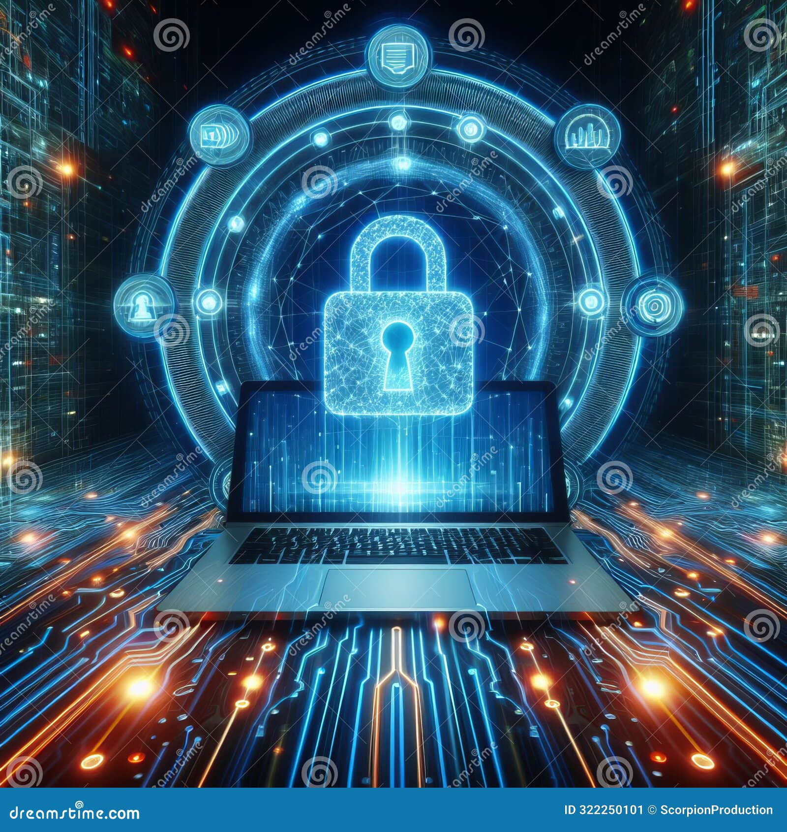 Futuristic Cybersecurity Concept with Digital Lock and Laptop Stock ...