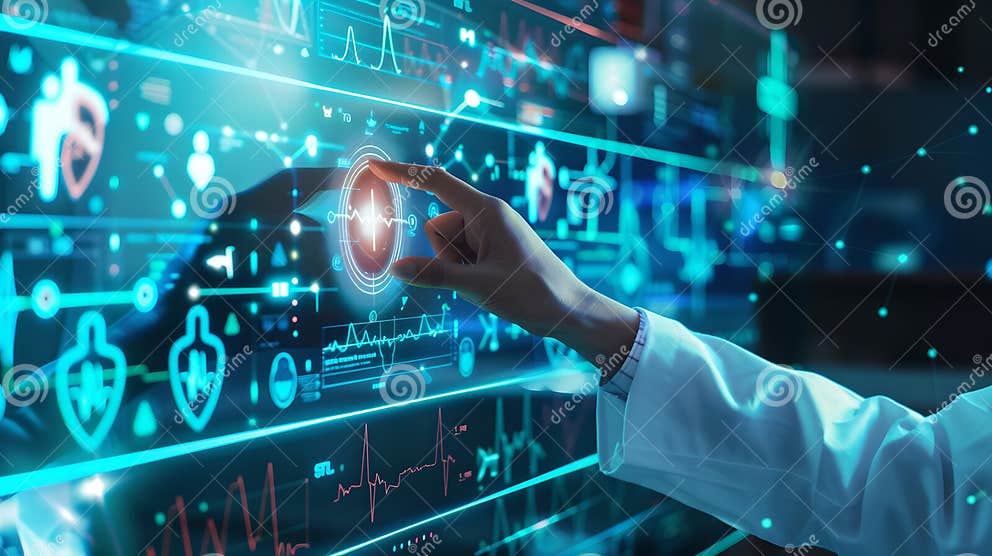 Futuristic Cybersecurity Concept with Hand Interacting with Digital Interface. High-Tech Data ...