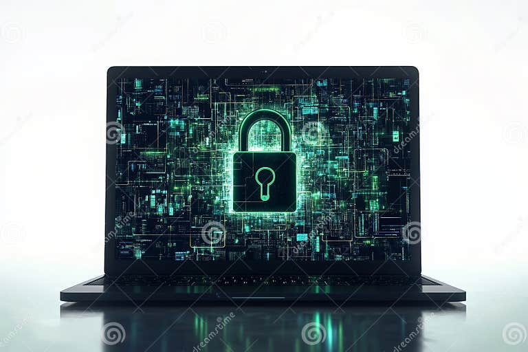 Futuristic Cybersecurity Display Featuring a Glowing Green Digital Lock ...