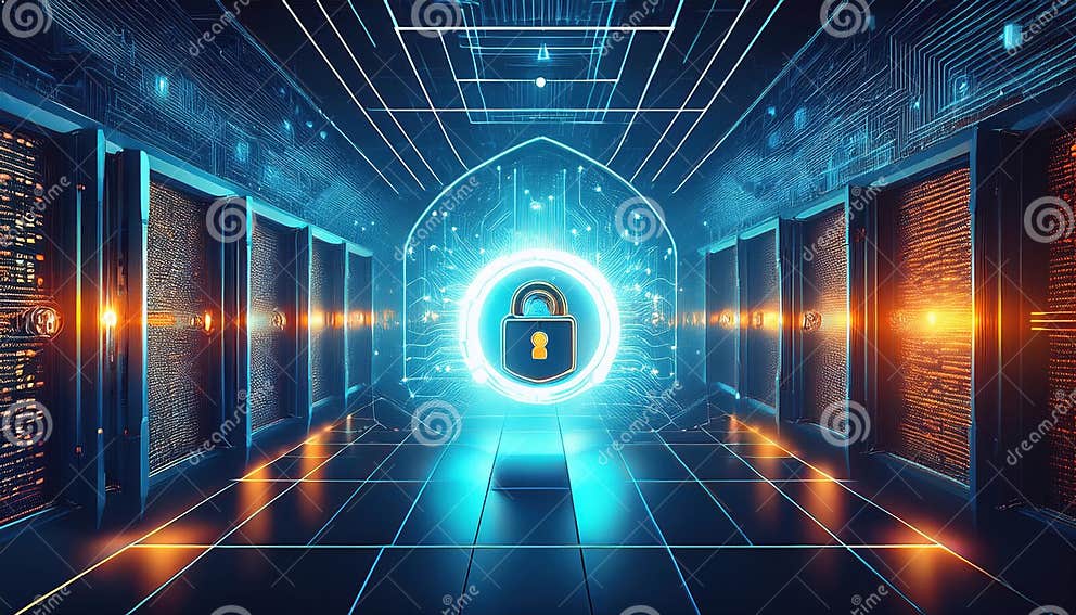 Futuristic Cybersecurity Vault with Glowing Data Nodes and Central Lock ...