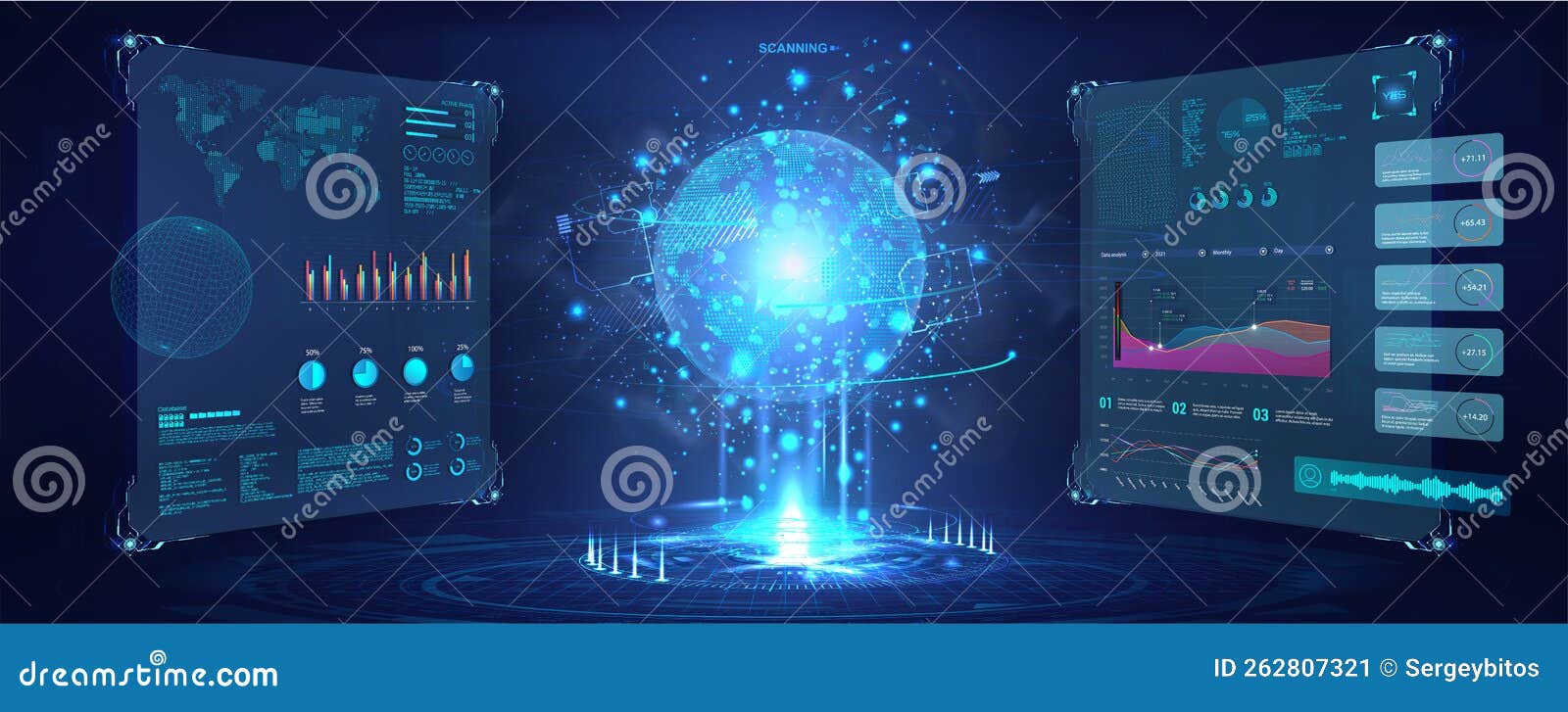 Futuristic Cyberspace with Dashboard Elements HUD. 3D Earth Globe ...