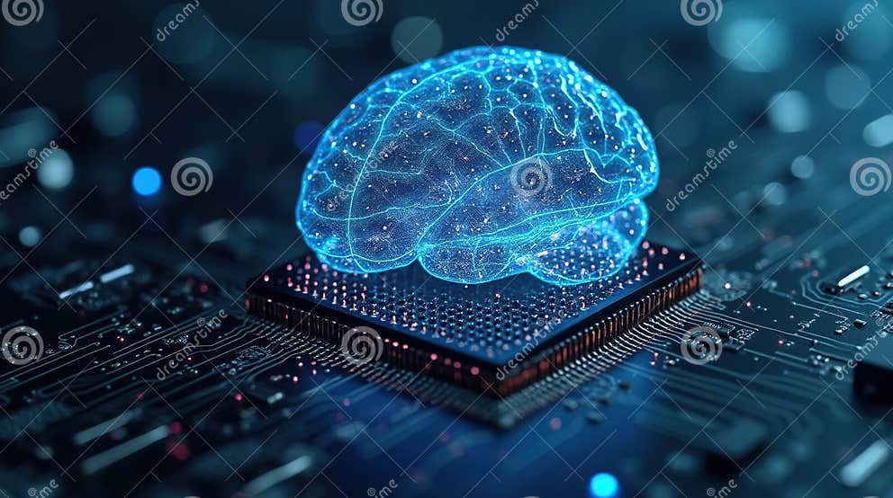 Futuristic Cyborg Brain Displayed on a Computer Chip Stock Illustration ...