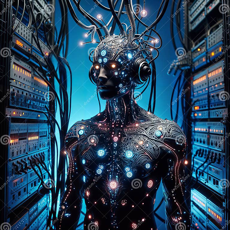 Cyborg in Data Center: Neon-Lit Scene Showcasing Artificial ...