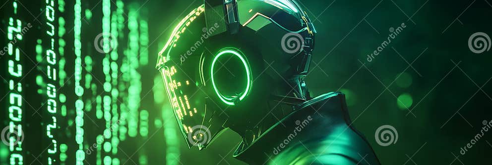 A Futuristic Cyborg with Glowing Green Eyes Stands Against a Backdrop ...