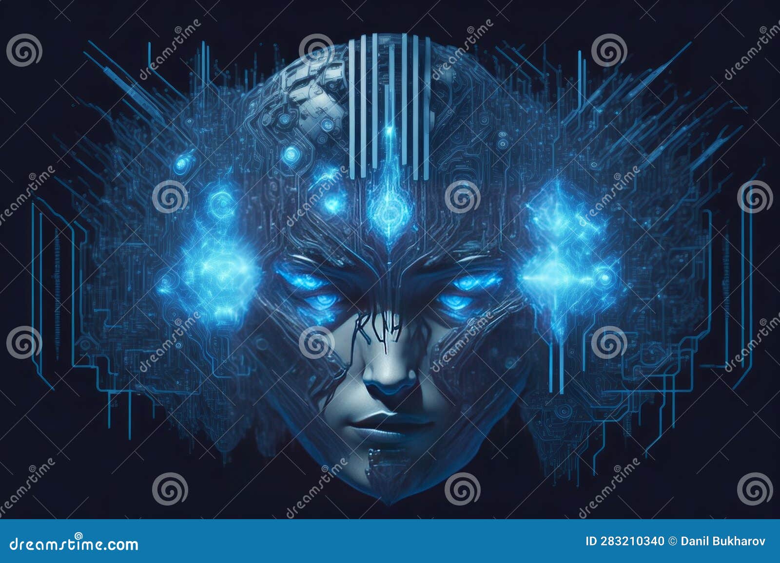 Futuristic Cyborg Head Front View. 3D Rendering Stock Illustration ...