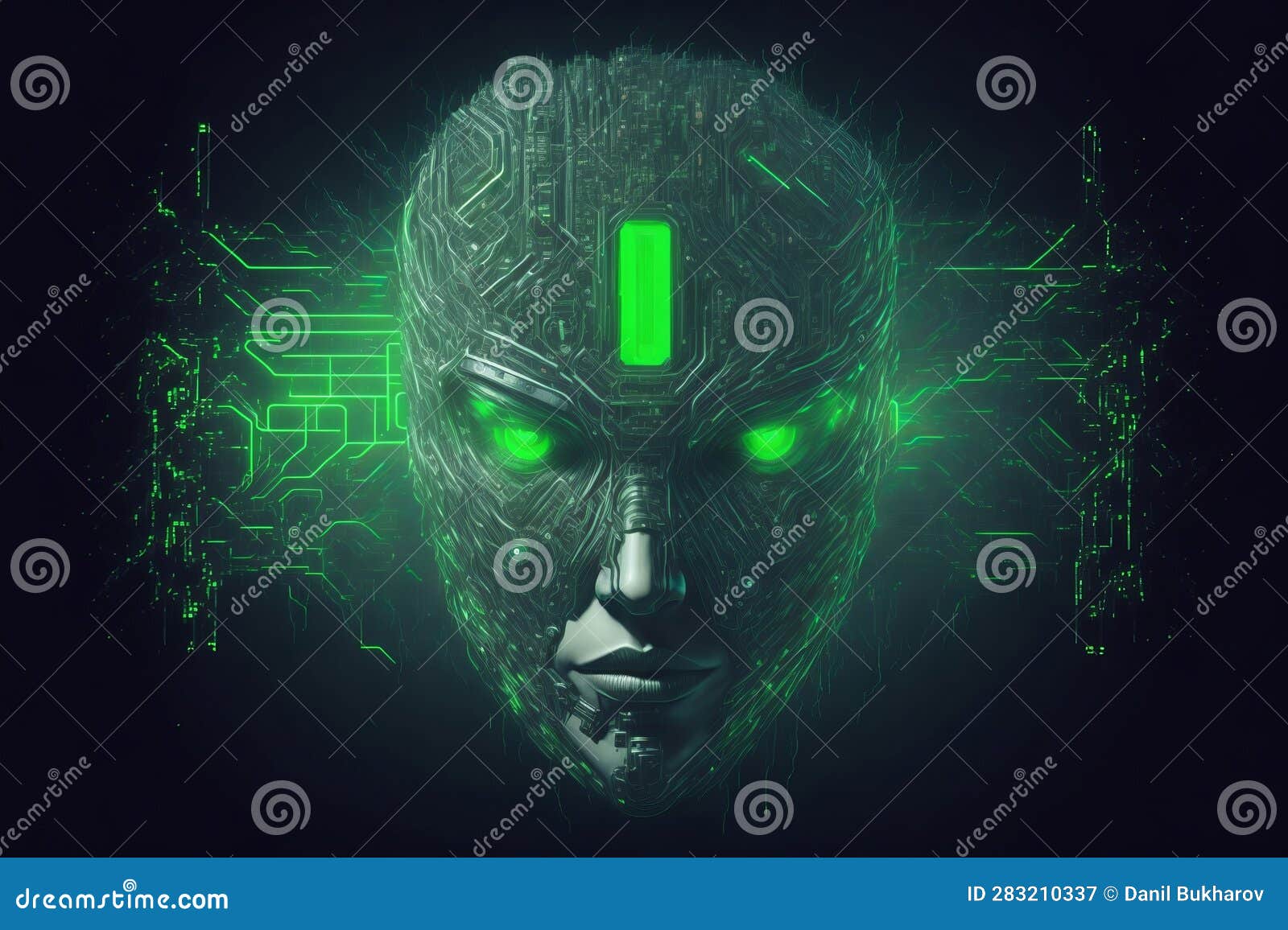 Futuristic Cyborg Head Front View. 3D Rendering Stock Illustration ...