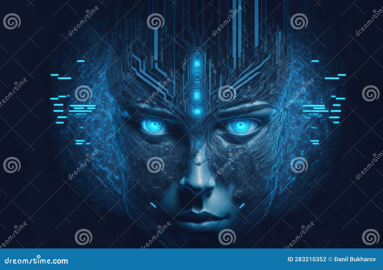 Futuristic Cyborg Head Front View. 3D Rendering Stock Illustration ...