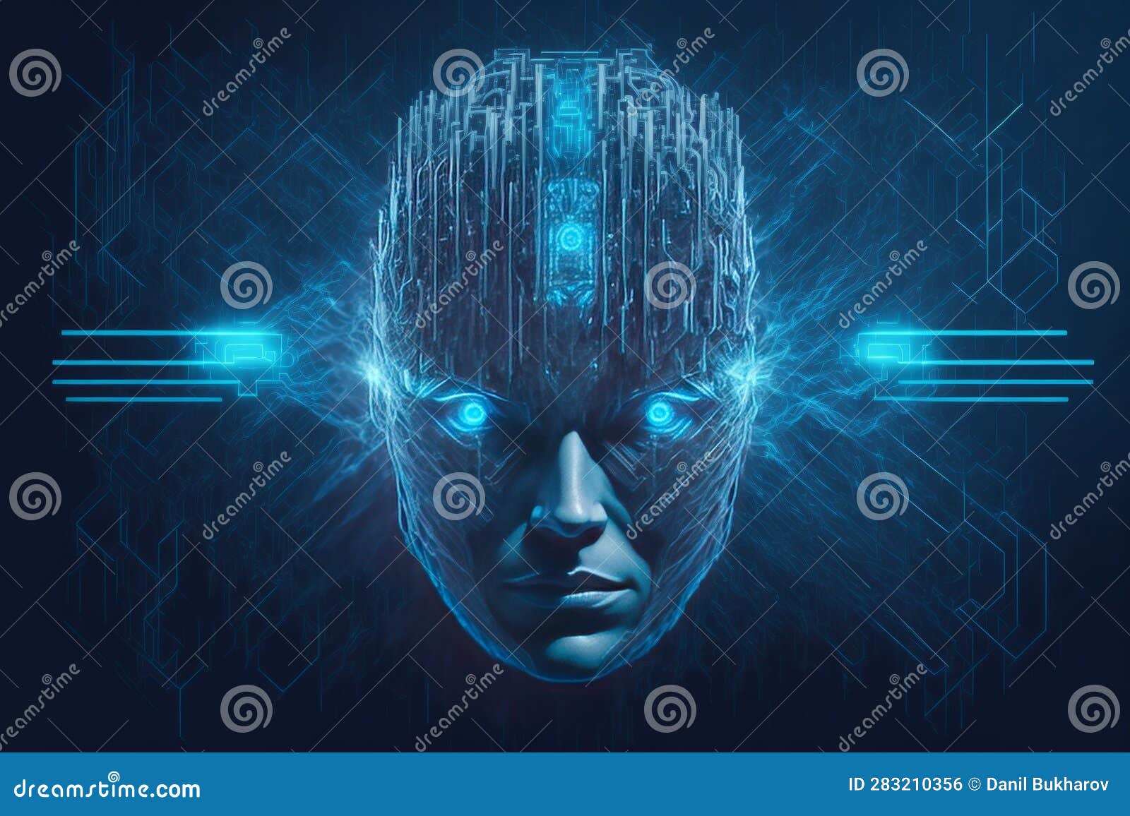 Futuristic Cyborg Head Front View. 3D Rendering Stock Illustration ...