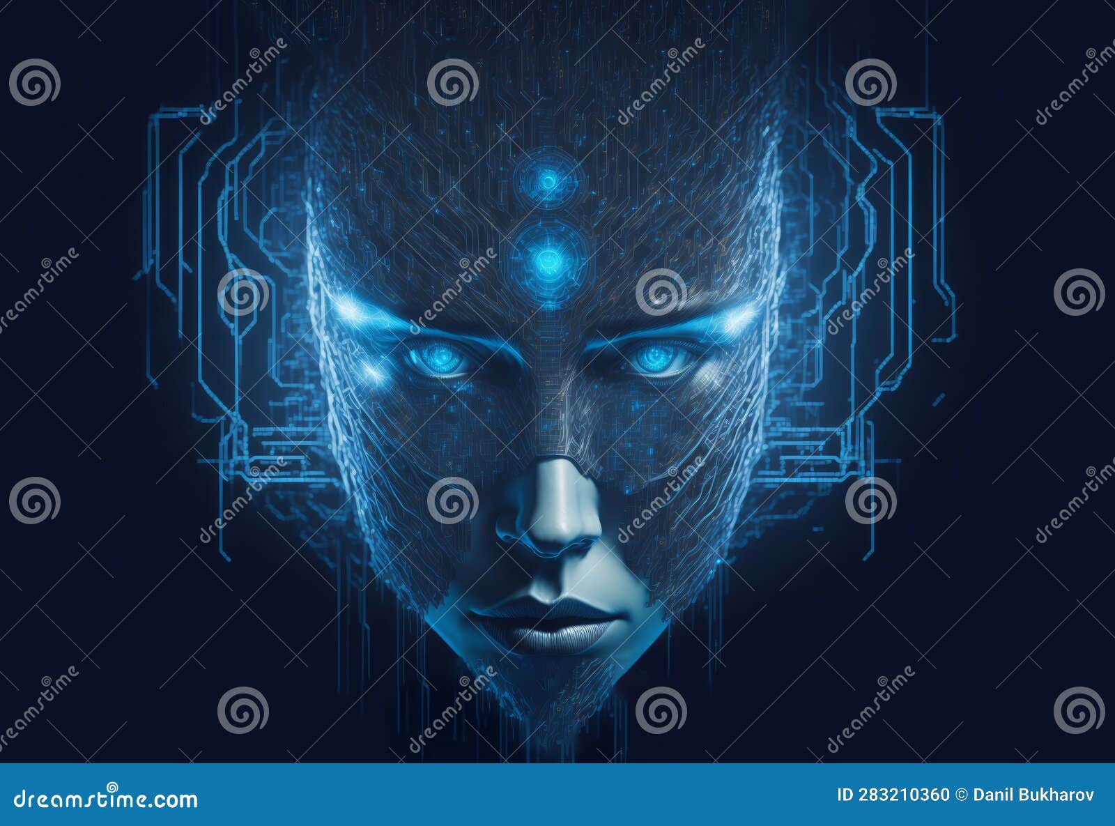 Futuristic Cyborg Head Front View. 3D Rendering Stock Illustration ...