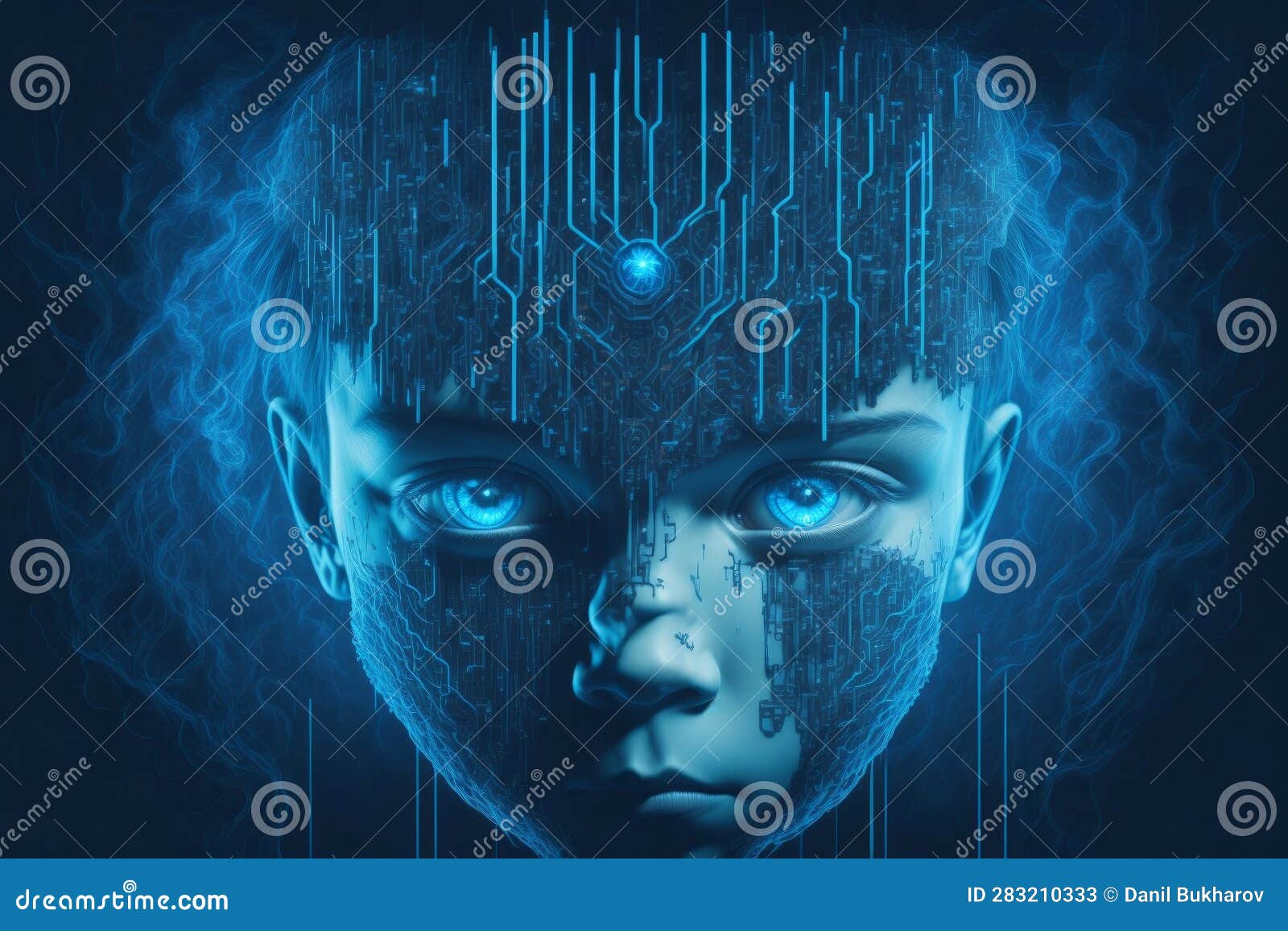 Futuristic Cyborg Head Front View. 3D Rendering Stock Illustration ...