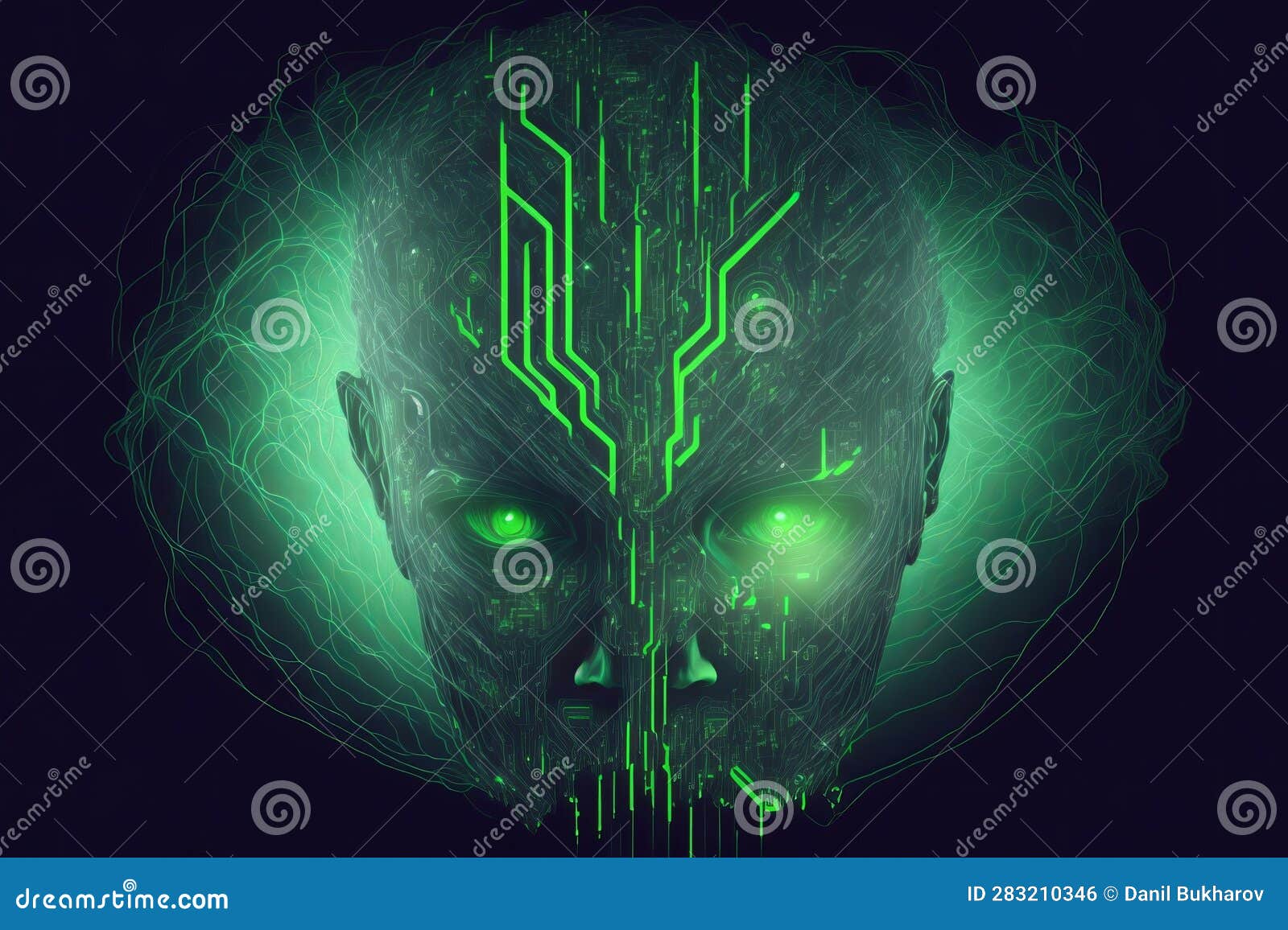 Futuristic Cyborg Head Front View. 3D Rendering Stock Illustration ...