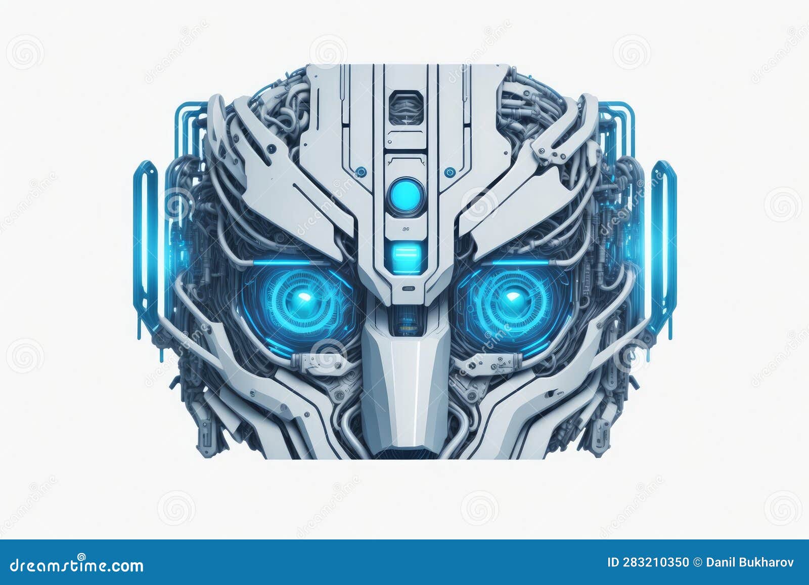 Futuristic Cyborg Head Front View. 3D Rendering Stock Illustration ...