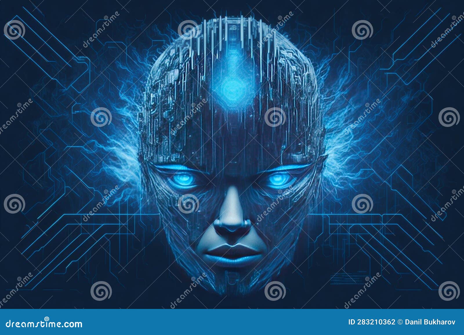 Futuristic Cyborg Head Front View. 3D Rendering Stock Illustration ...