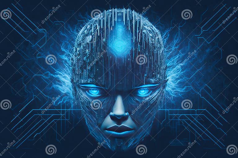 Futuristic Cyborg Head Front View. 3D Rendering Stock Illustration ...