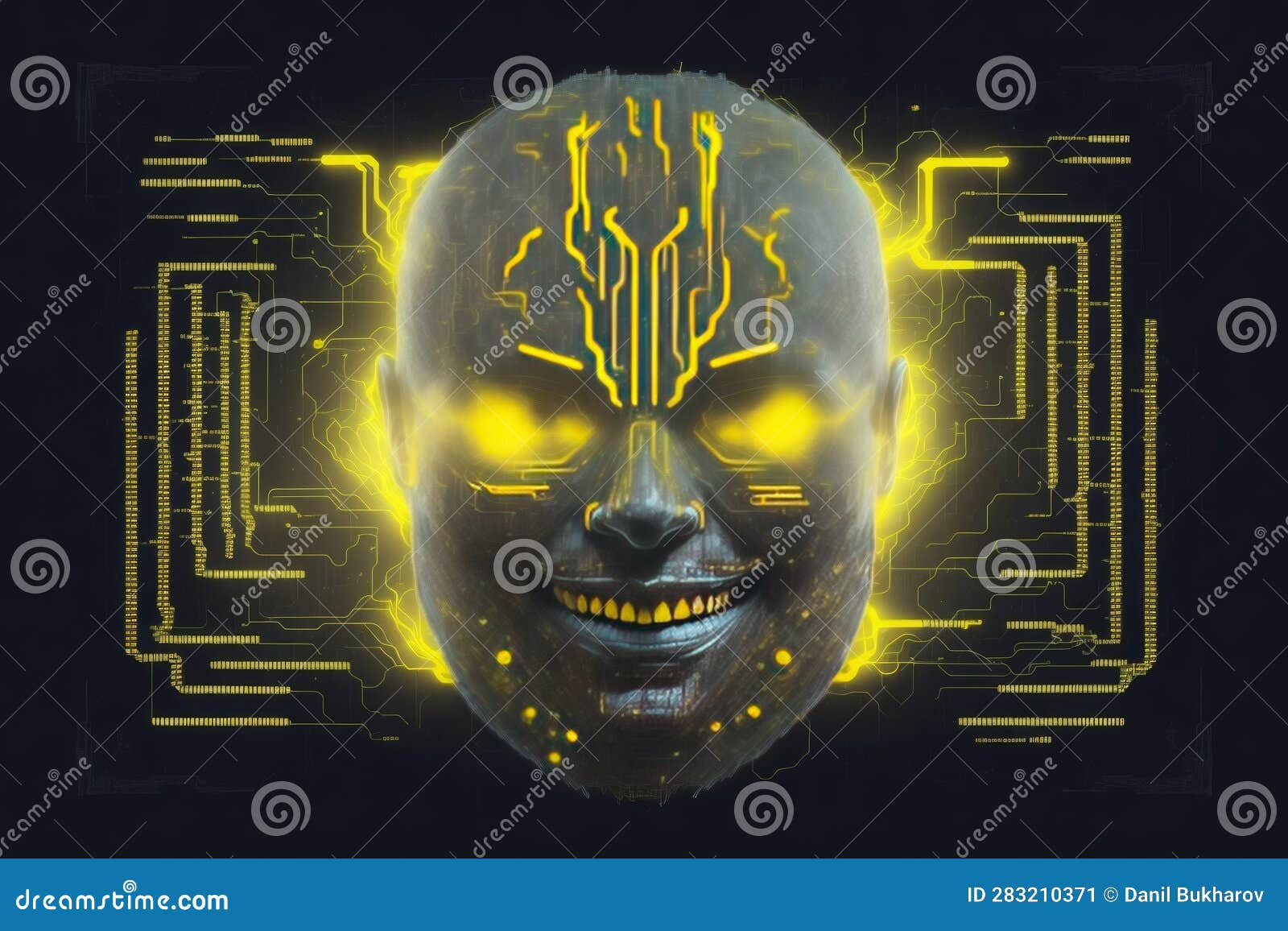 Futuristic Cyborg Head Front View. 3D Rendering Stock Illustration ...