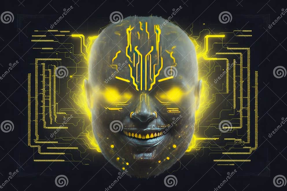 Futuristic Cyborg Head Front View. 3D Rendering Stock Illustration ...