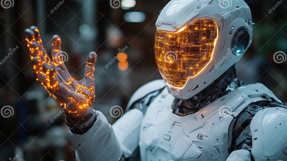 Futuristic Cyborg with Illuminated Visor Analyzing Data Stock ...