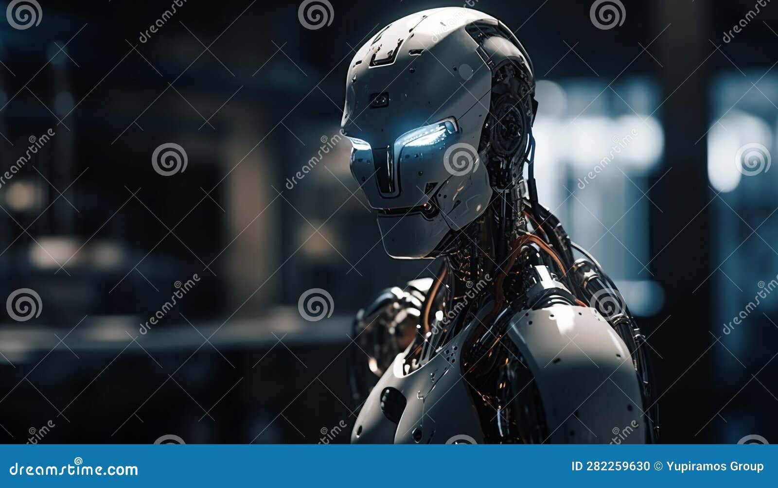 Futuristic Cyborg with Robotic Arm Standing in City, Reflecting ...