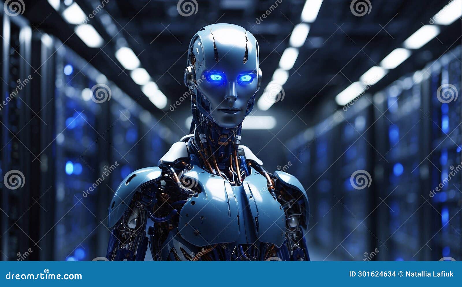 Futuristic Cyborg with Robotic Arm Stands in Illuminated Server Room ...