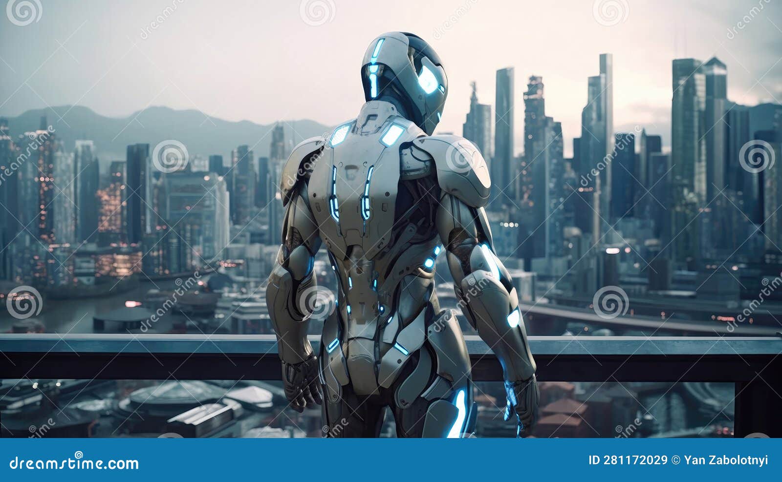 The Futuristic Cyborg is Shown Out in Front of a Hightech City Skyline ...