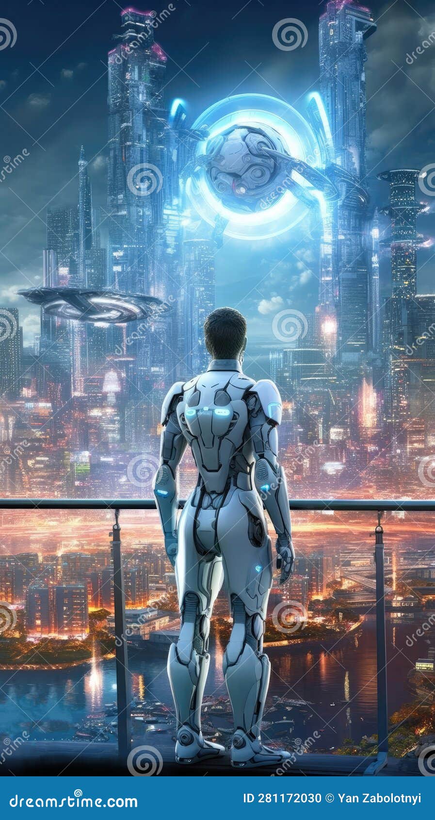 The Futuristic Cyborg is Shown Out in Front of a Hightech City Skyline ...