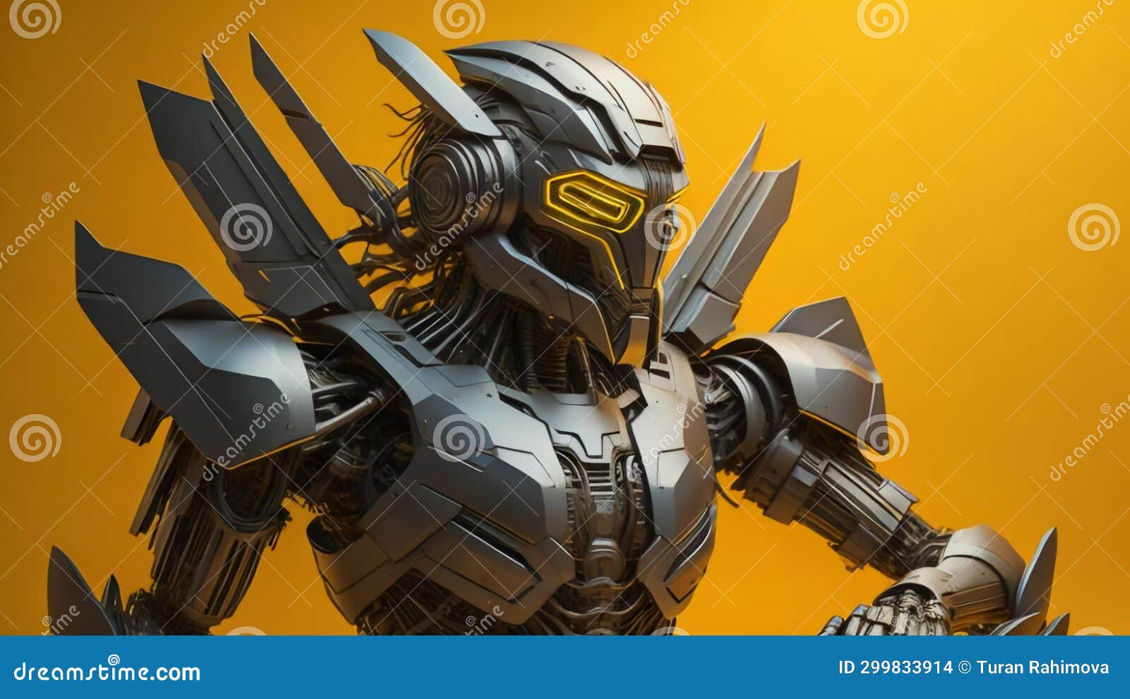 Futuristic Cyborg Warrior with a Sword on a Yellow Background ...