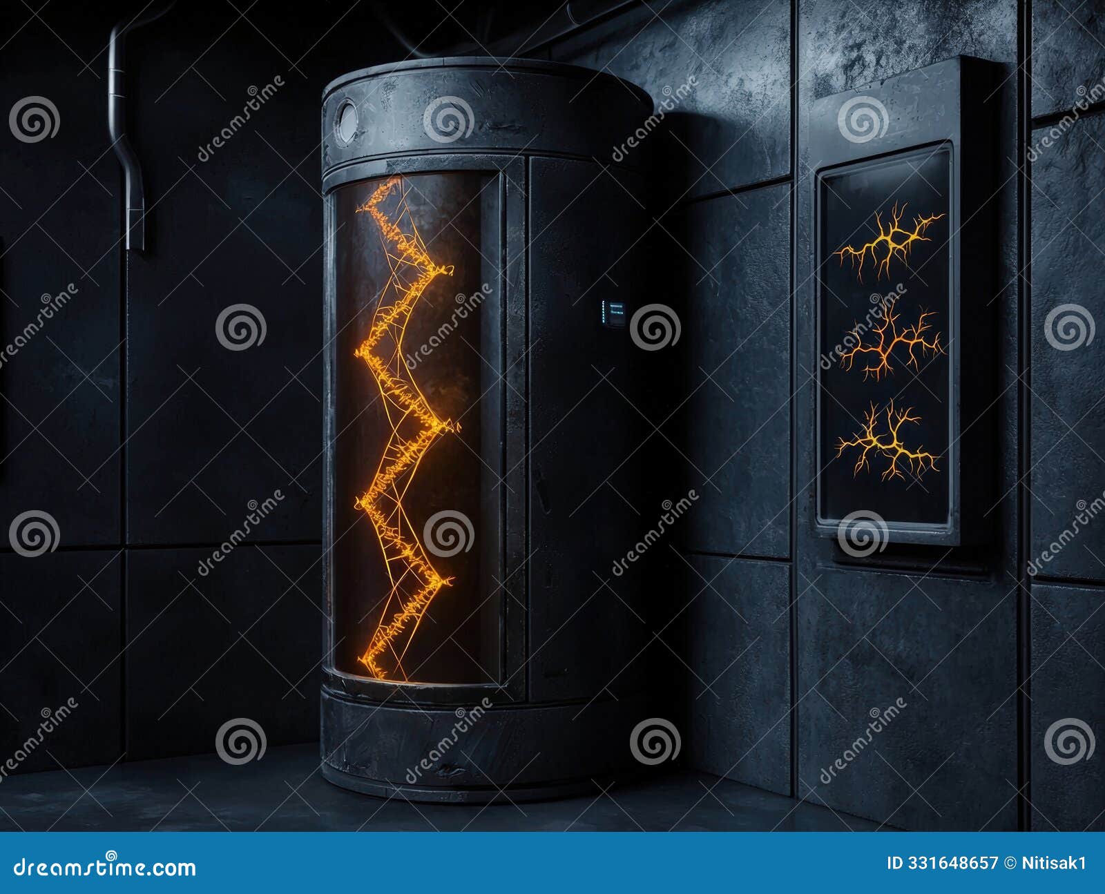 Futuristic Cylinder with Glowing Patterns Set in a Dark Industrial ...