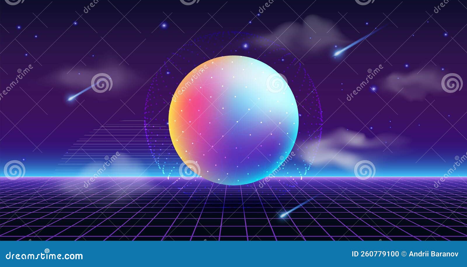 Futuristic 3D Background. Geometric Shapes Floating on a Neon Checkered ...