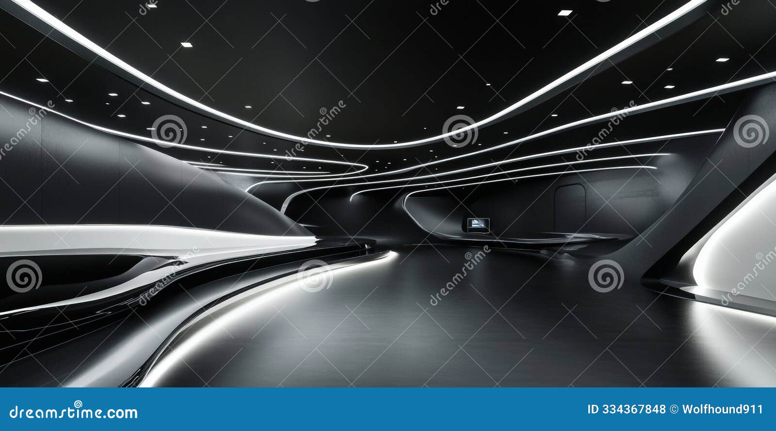 A Futuristic 3D Black Interior Featuring a Curved Ceiling with Recessed ...
