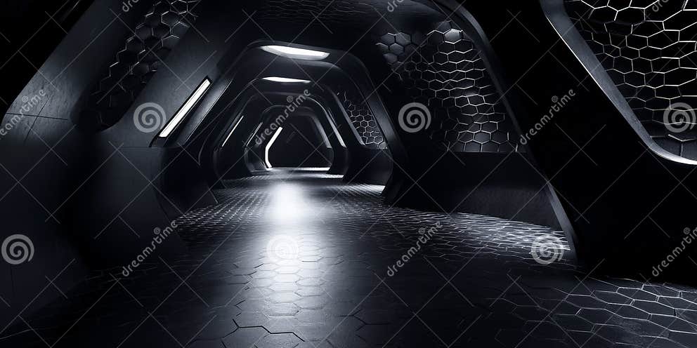 A Futuristic 3D Black Interior with Hexagonal Patterns on the Walls and ...