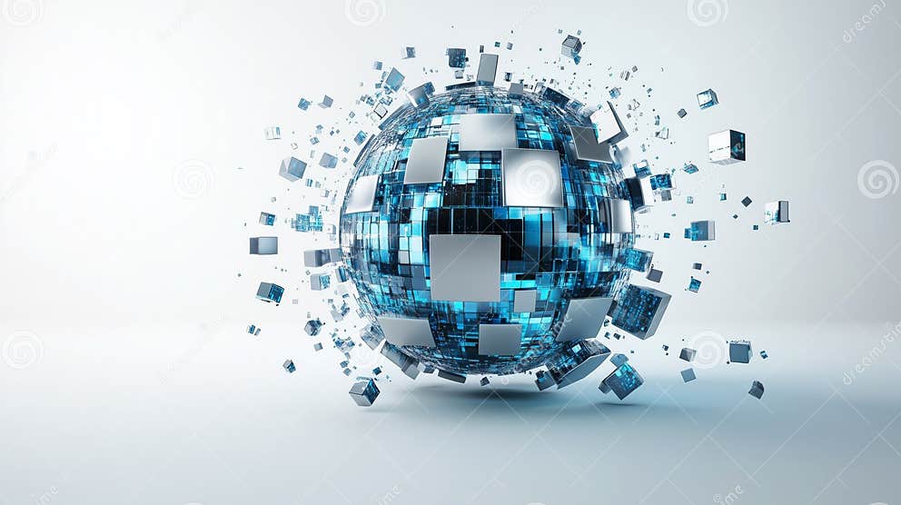 Digital Sphere with Exploding Blue Cubes Stock Illustration ...