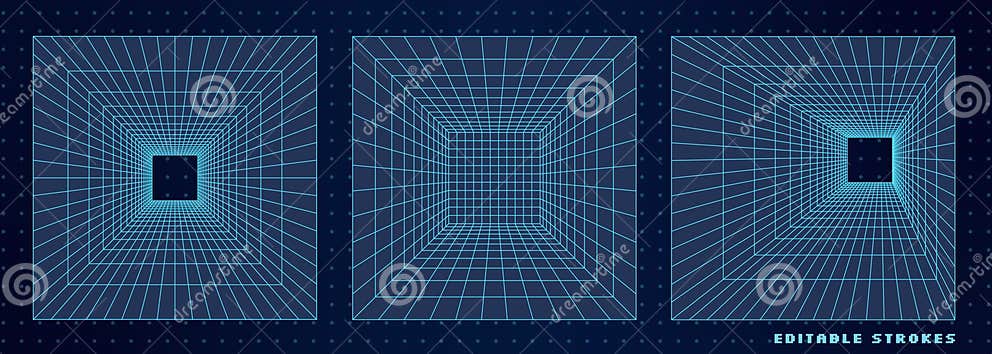 Futuristic 3D Grid Wireframe Tunnels Set Stock Vector - Illustration of ...