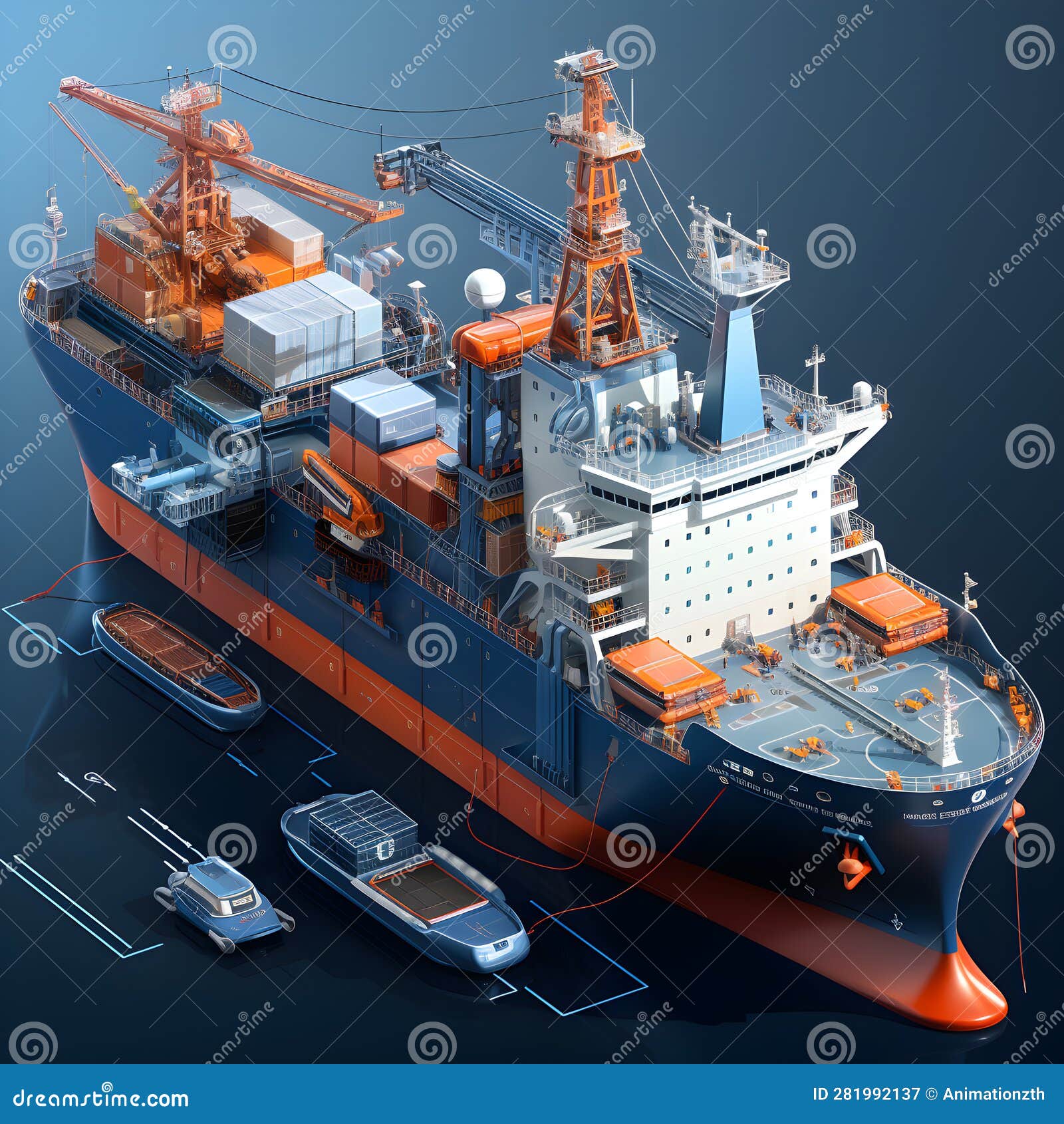 Futuristic 2D Isometric Representation of Cargo Ship Equipped, Advanced ...