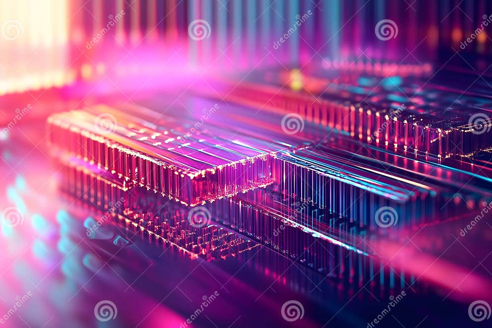Futuristic 3D Neon Microchip with Glowing Lines and Geometric Design ...