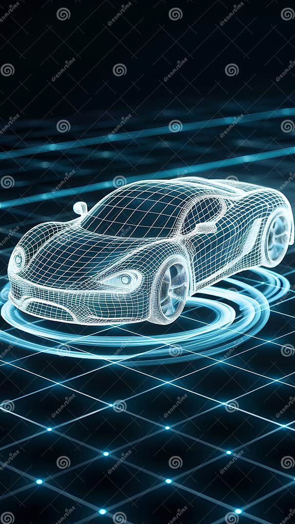Futuristic 3D Wireframe Car Hovering Over Grid Surface, Illuminated ...