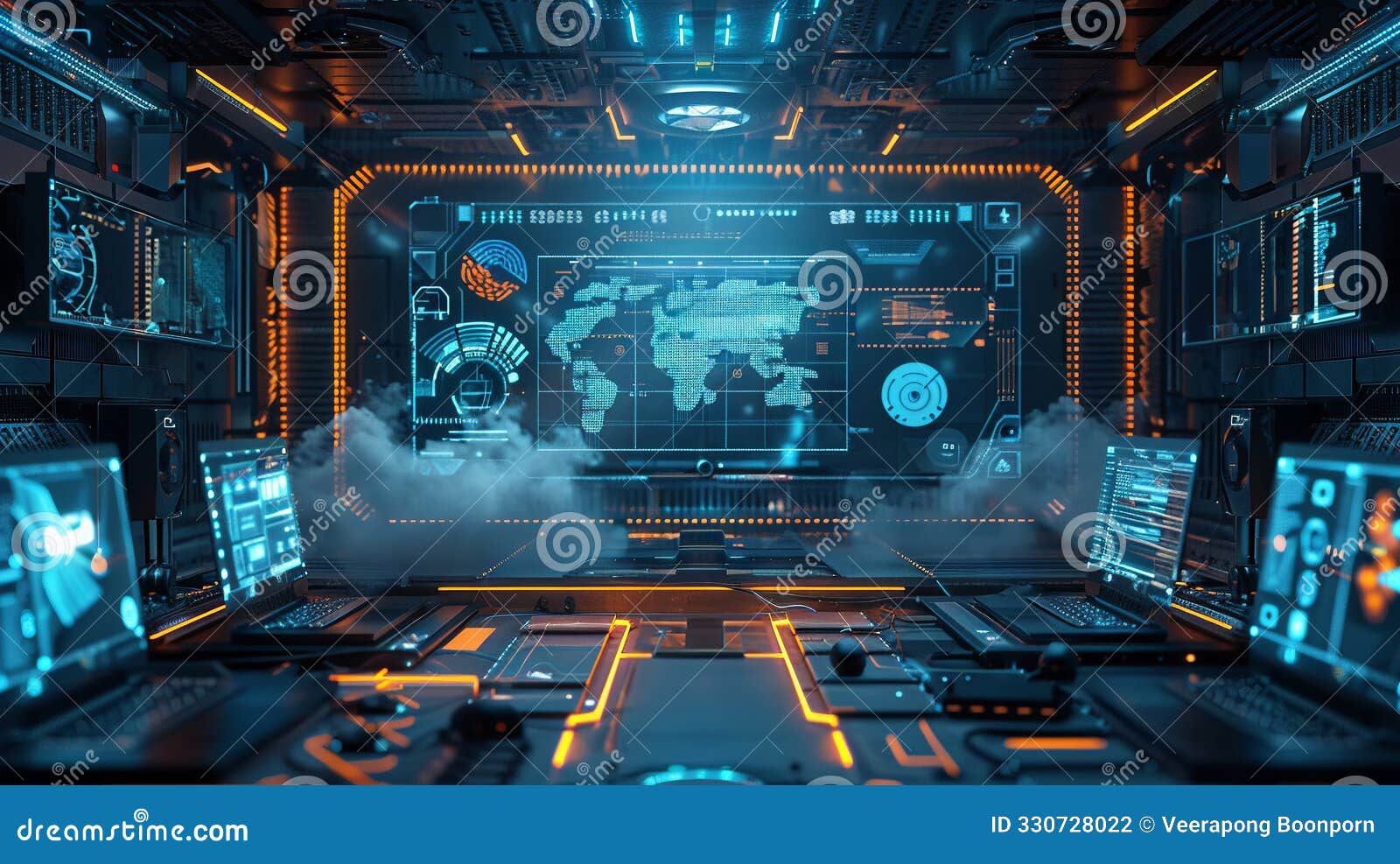 Futuristic 3D Workspace with Laptops Connected To an AIoptimized Cloud ...