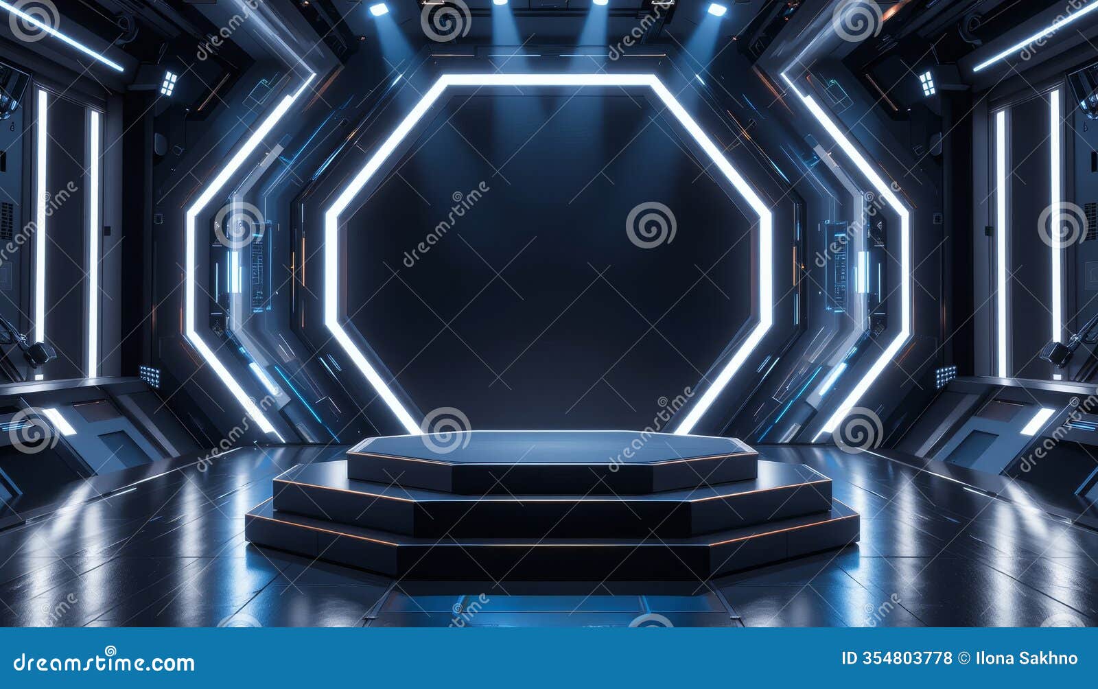 Futuristic Dark Blue Sci-Fi Hallway with Neon Lights Stock Photo ...