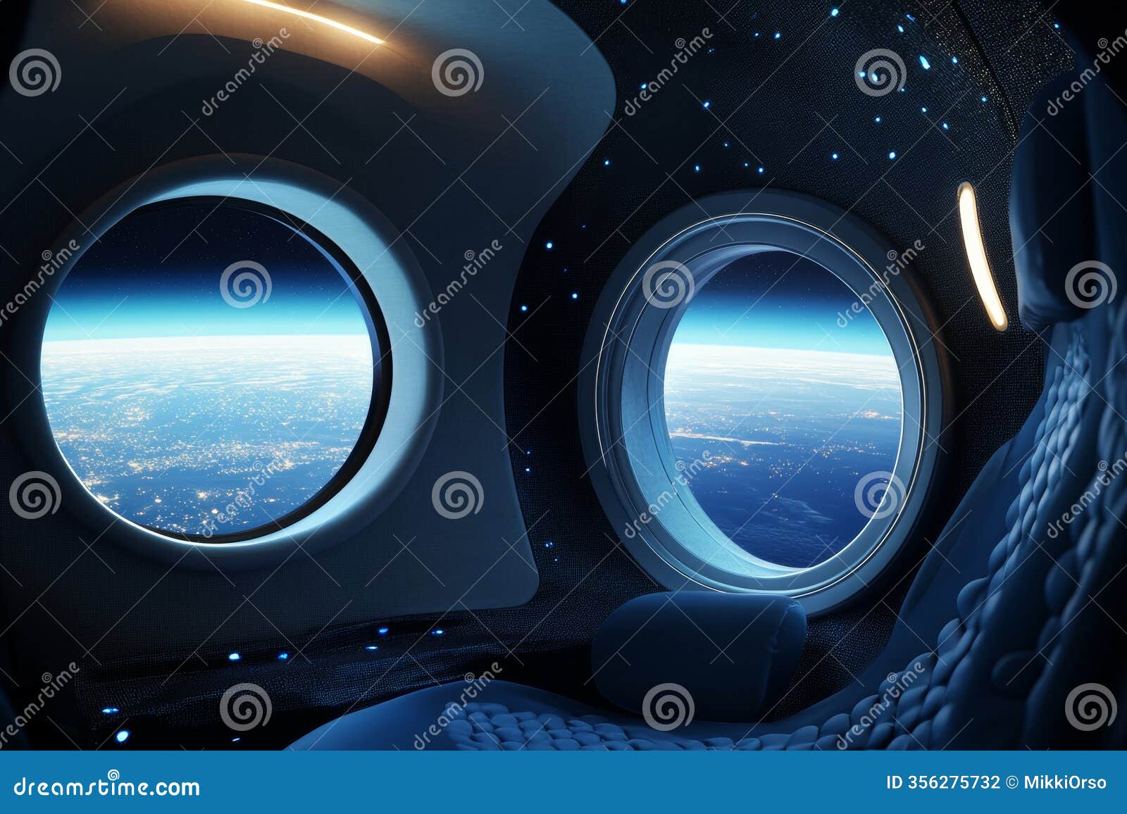 Futuristic Dark Blue Spaceship Interior with Earth View through Window ...
