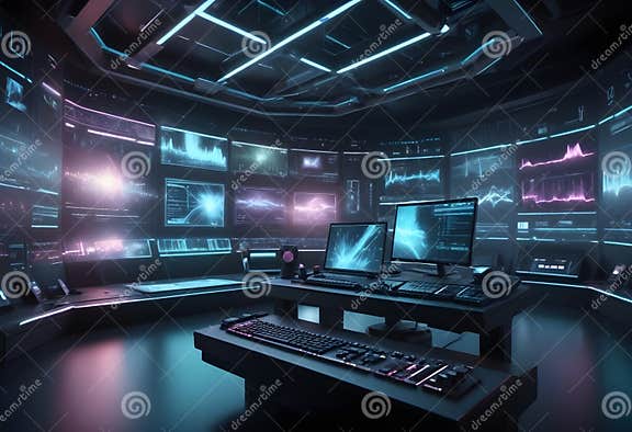A Futuristic, Dark Control Room Illuminated by the Glow of Multiple ...