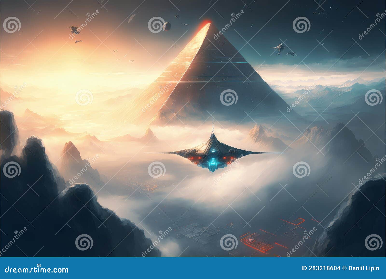 Futuristic Dark Pyramid Hovering Over Surface of Earth in Sci-fi ...
