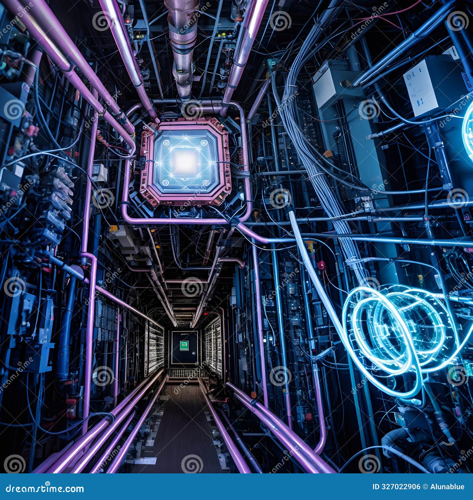 Futuristic Cyberpunk Data Center with Neon Lights and Intricate Wiring ...