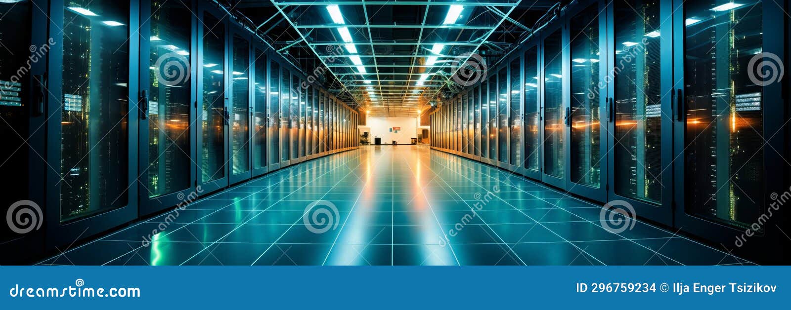 Futuristic Data Center with Advanced Server Racks Emitting a ...