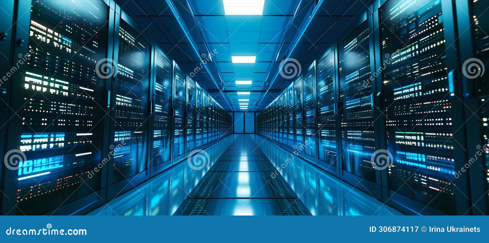 Futuristic Data Center with Blue LED Lighting. Modern Network and ...