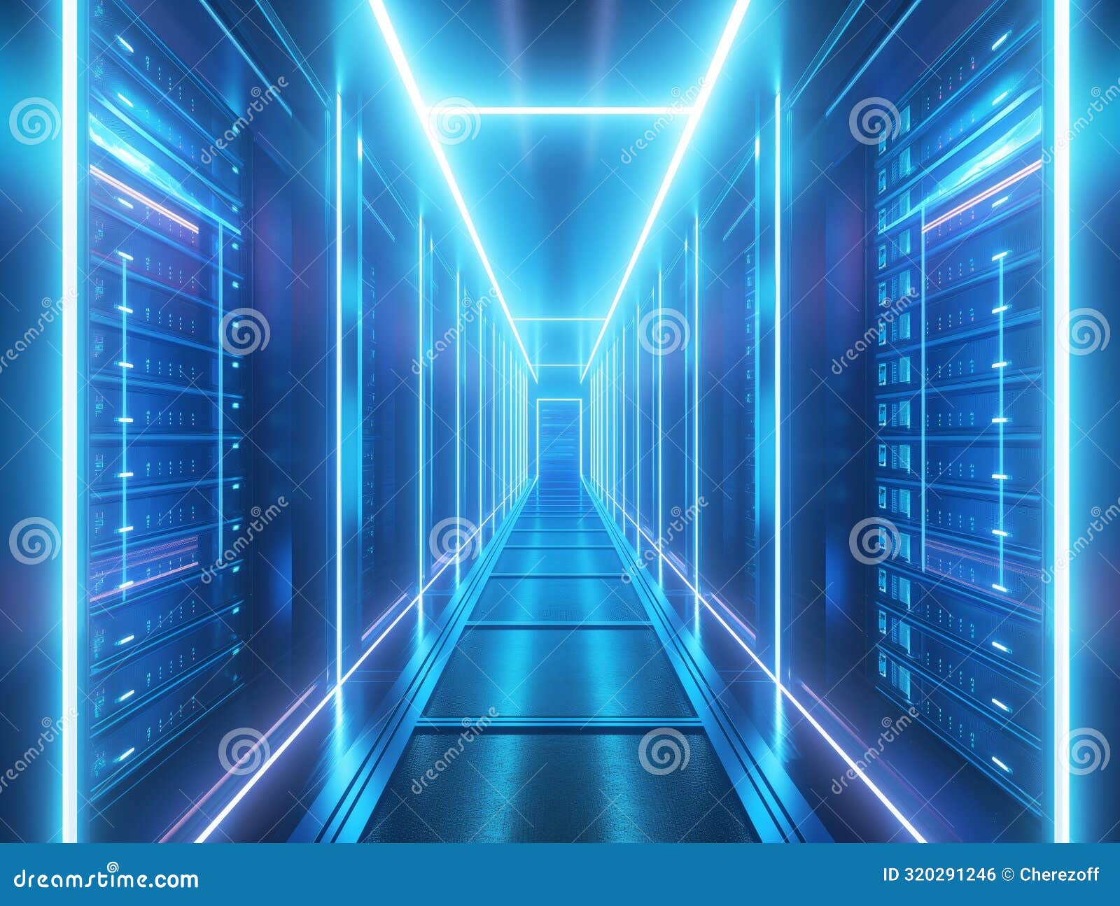 Futuristic Data Center with Blue Neon Lights Stock Photo - Image of ...