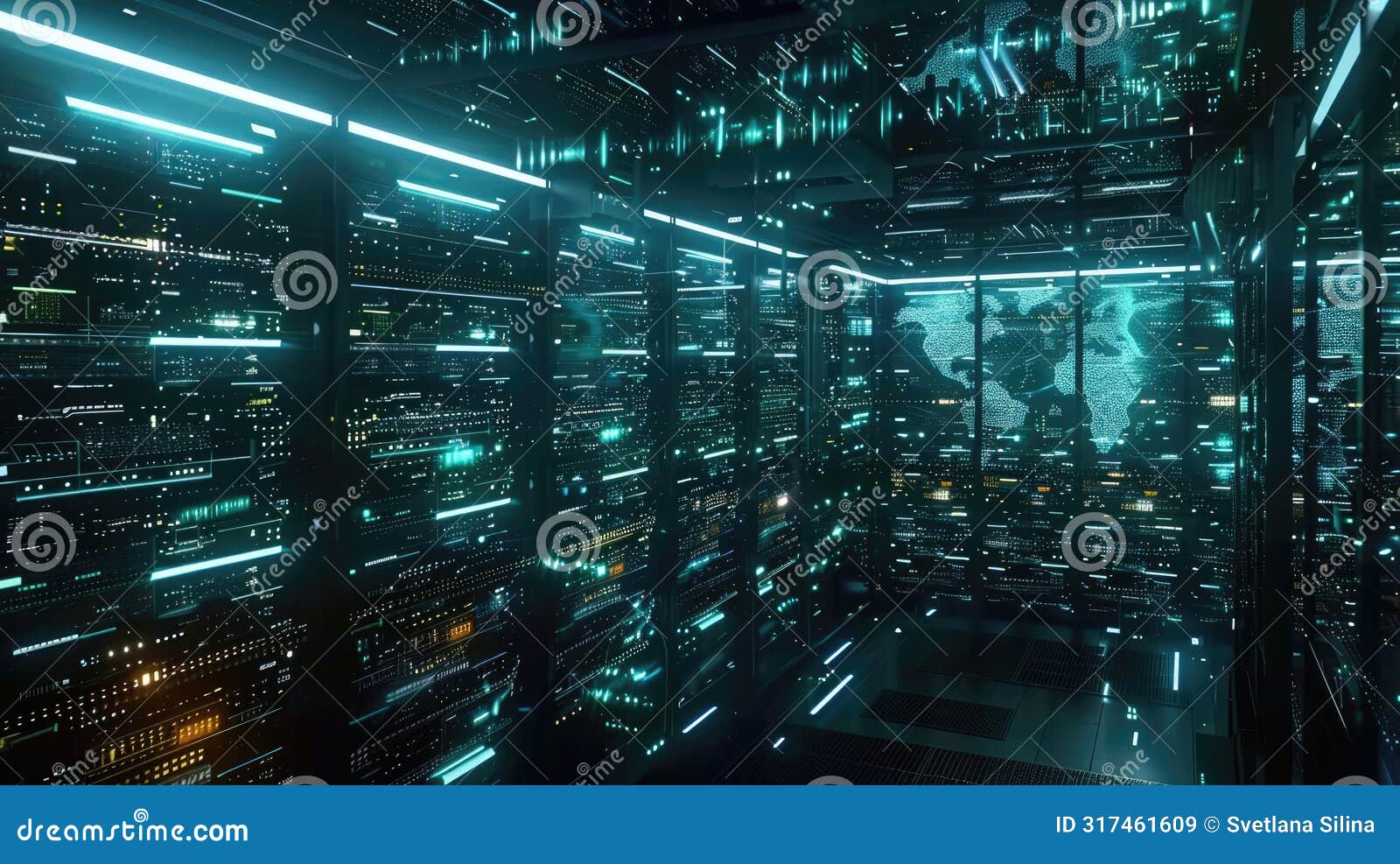 Futuristic Data Center Bustling with Server Rows and Data Visualization ...