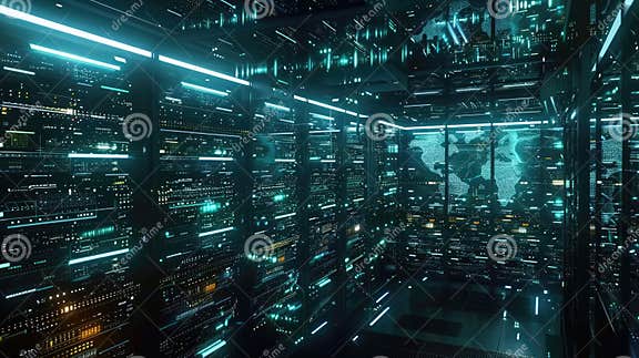 Futuristic Data Center Bustling with Server Rows and Data Visualization ...