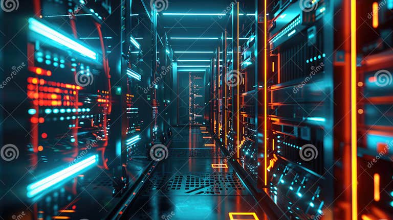 Futuristic Data Center, Computer Servers in Dark Room with Blue Led ...