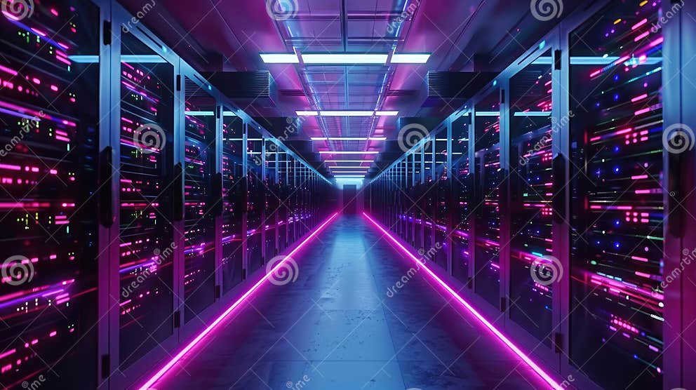 Futuristic Data Center, Computer Servers in Dark Room with Neon Light ...